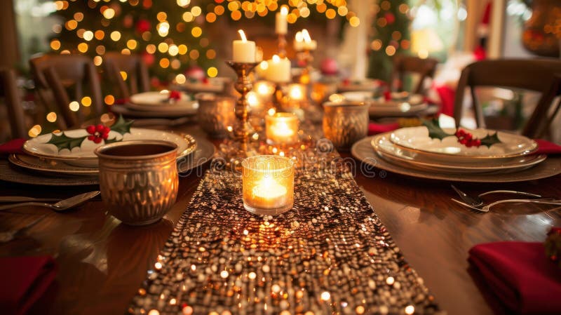 Festive Christmas Dinner Table Setting with Candles and Sparkling ...