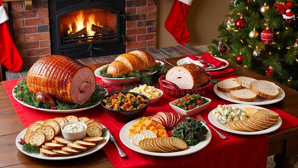 Festive Christmas Dinner Table Setting with Glazed Ham. Bread. Side ...