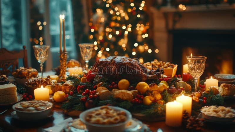 Festive Christmas Dinner Table Setting with Roasted Turkey Stock ...