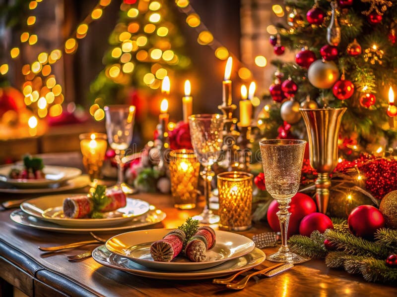 Festive Christmas Dinner Table Setting a TopDown View of Elegant ...