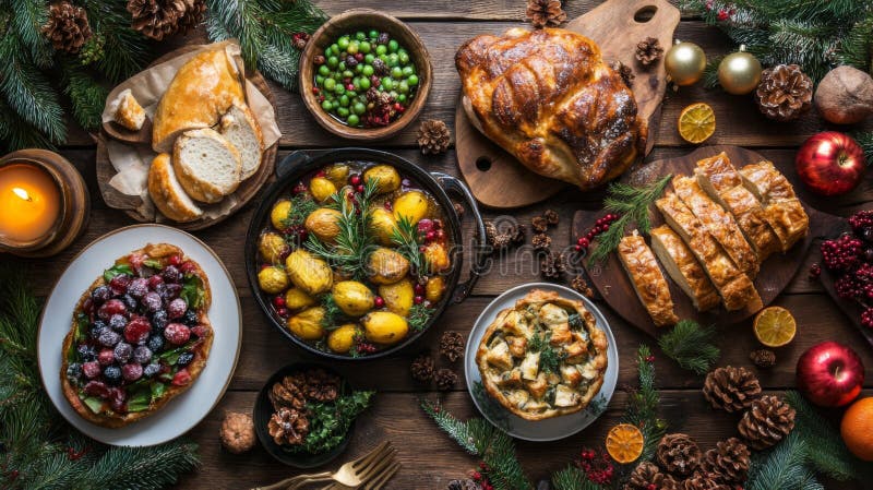 Festive Christmas Dinner Table with Traditional Holiday Dishes and ...