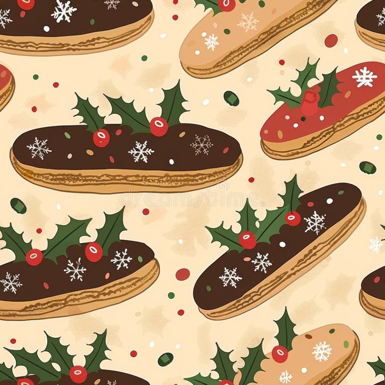 Festive Christmas Eclair Pattern with Holly and Snowflakes Stock Photo ...