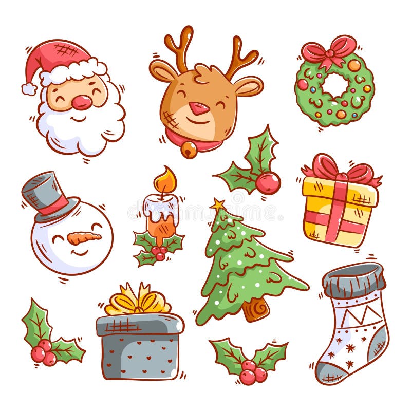 Festive Christmas Elements Icons Collection Hand Drawn Full Color Stock ...
