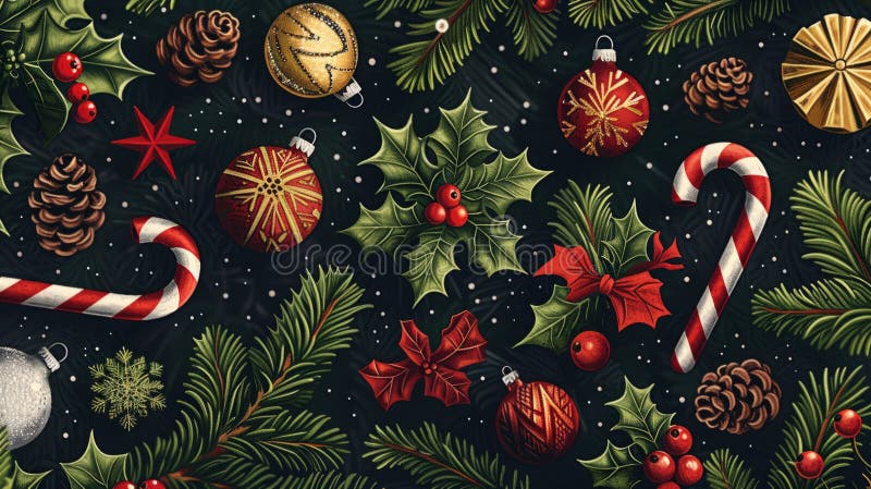 Festive Christmas Elements Including Ornaments, Pinecones, Foliage, and ...