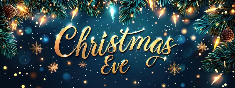 Festive Christmas Eve Scene with Pine Branches, Golden Script, and ...