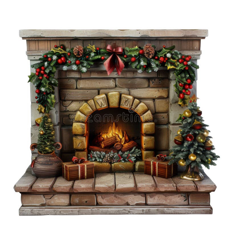 Festive Christmas Fireplace with Burning Fire and Decorated Trees Stock ...