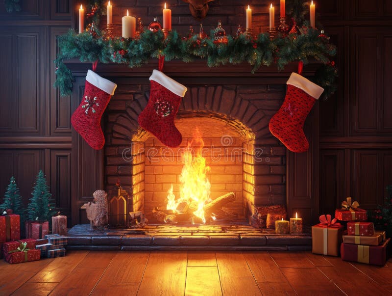 Festive Christmas Fireplace with Burning Fire and Stockings Stock ...
