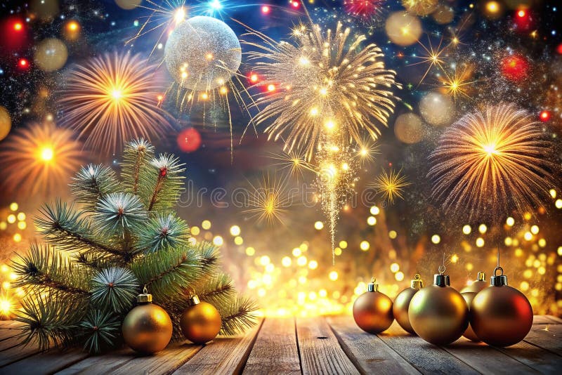 Festive Christmas Fireworks with Ornaments on Wood Stock Illustration ...