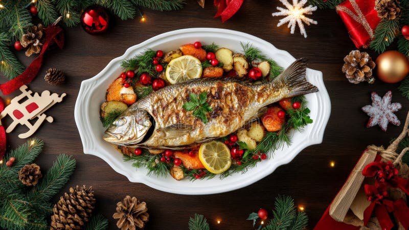 Festive Christmas Fish Dish with Lemon and Vegetables on Holiday Table ...