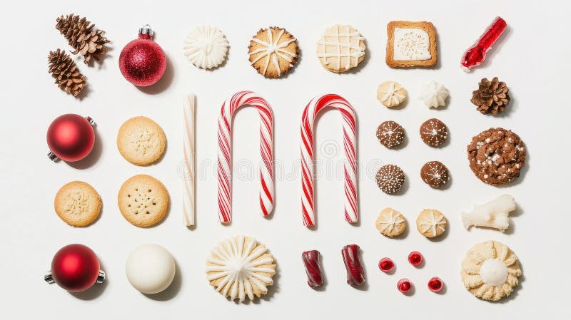 Festive Flat Lay Featuring Cookies, Candy Canes, Christmas Ornaments ...
