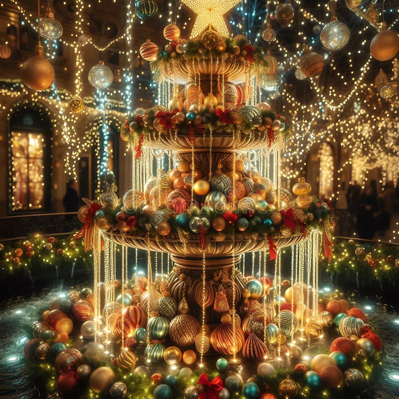 Festive Christmas Fountain with Ornaments and Lights. Stock Image ...