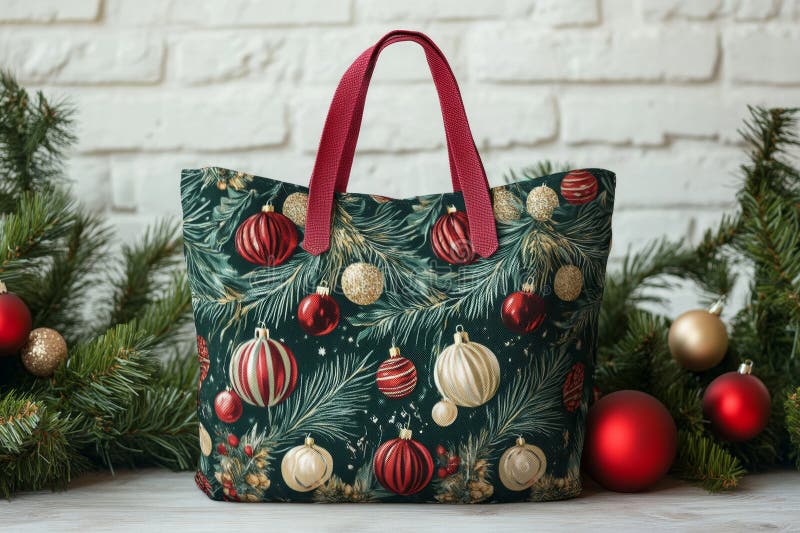 Festive Christmas Gift Bag with Holiday Decorations and Evergreen ...