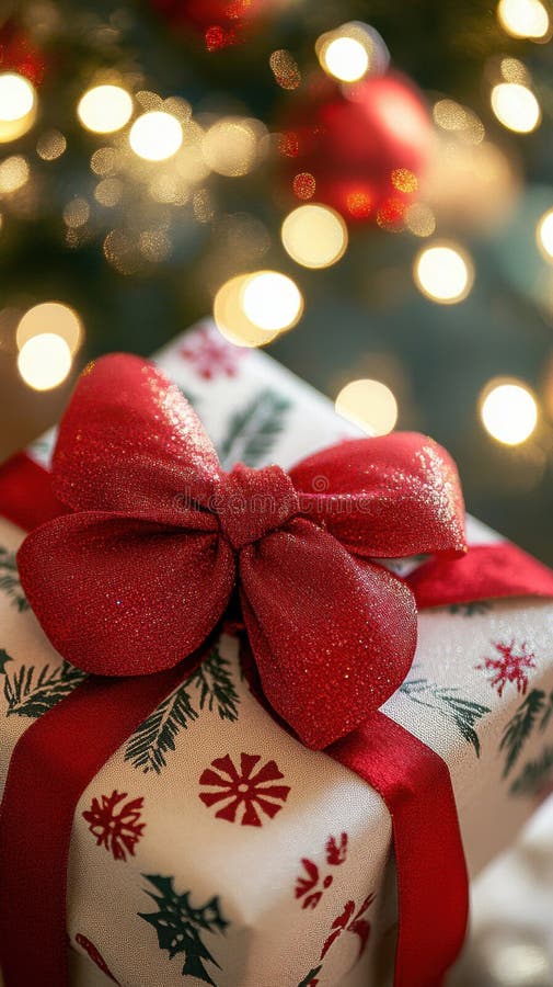 Festive Christmas Gift Wrapped with Sparkling Red Bow and Lights Stock ...