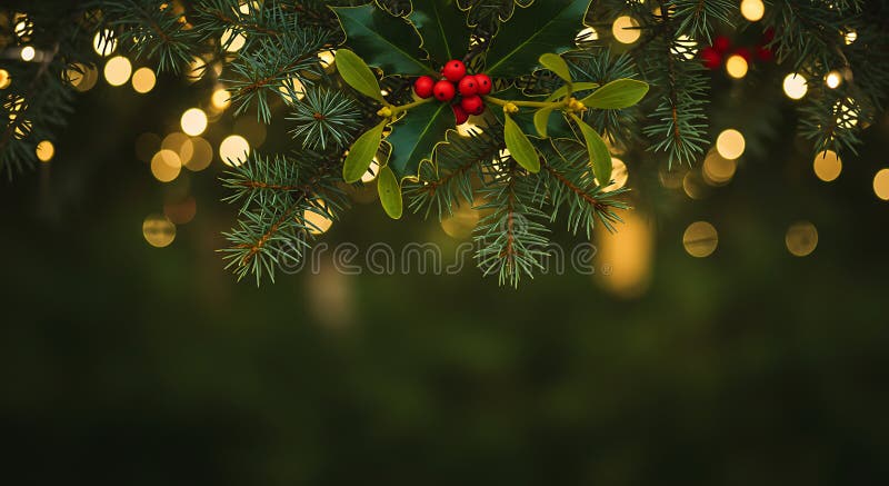 Festive Christmas Greenery with Mistletoe and Holly, Soft Bokeh Lights - Generated Using Ai ...