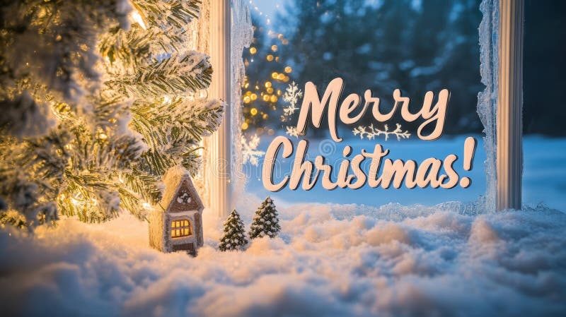 Festive Christmas Greetings with Snowy Window and Decorations Stock ...