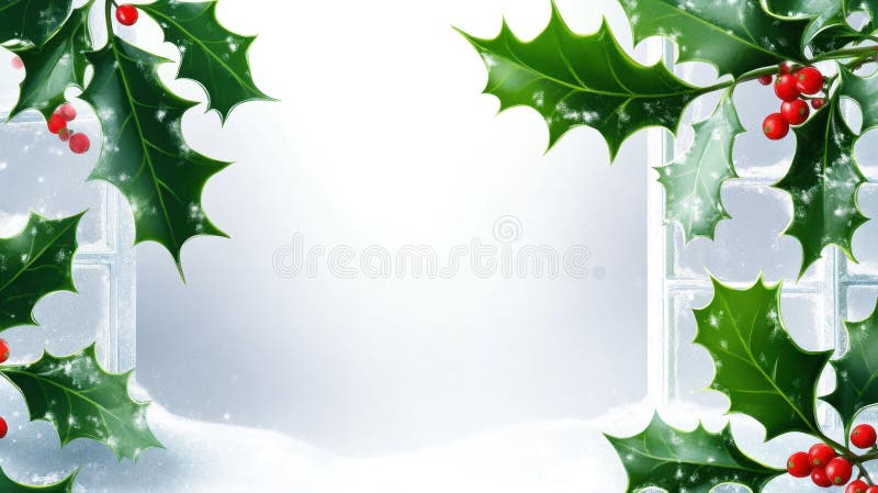 Festive Christmas Holly Frame with Snowy Background Stock Photo - Image ...