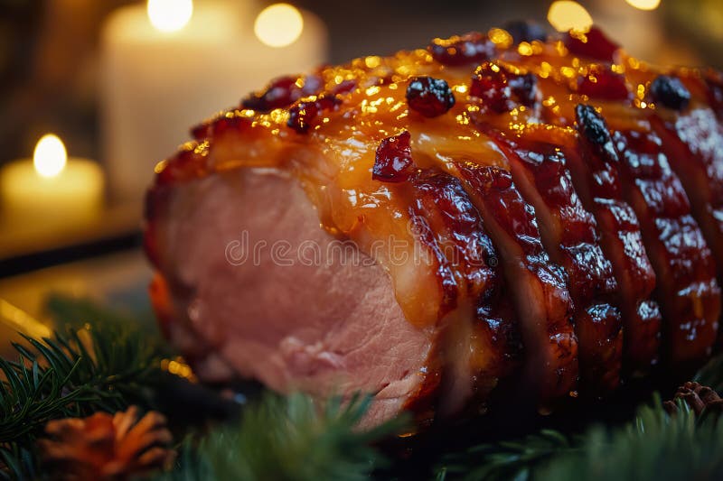 Festive Christmas Honey Glazed Ham with Candlelit Background Stock ...