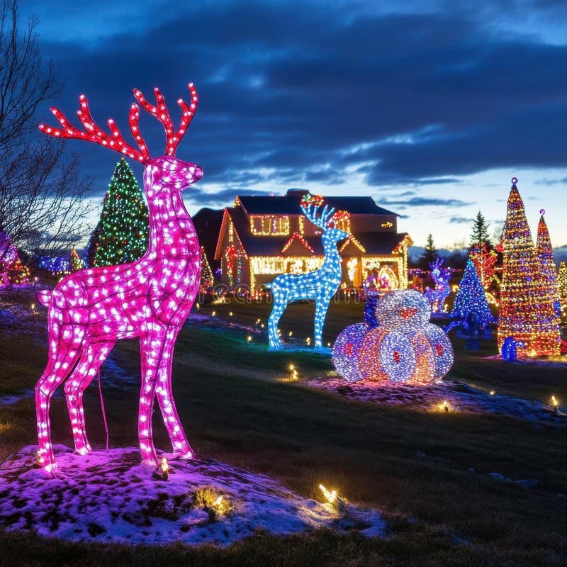 Festive Christmas Lights Display with Reindeer and Snowman Stock ...