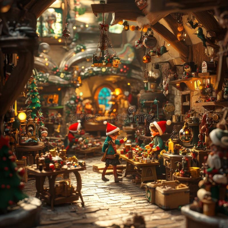 A Festive Christmas Market Scene with Toy Elves Stock Illustration ...