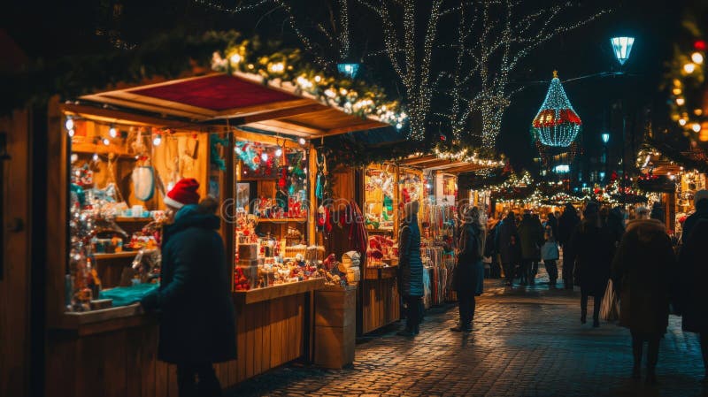 Festive Christmas Market Stalls at Night Stock Illustration ...