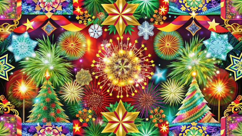 Festive Christmas and New Year Pattern with Fireworks, Stars ...