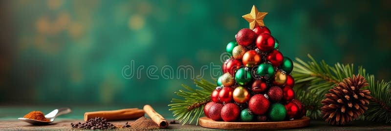 Festive Christmas Ornament Tree with Pinecones and Spices on Rustic ...