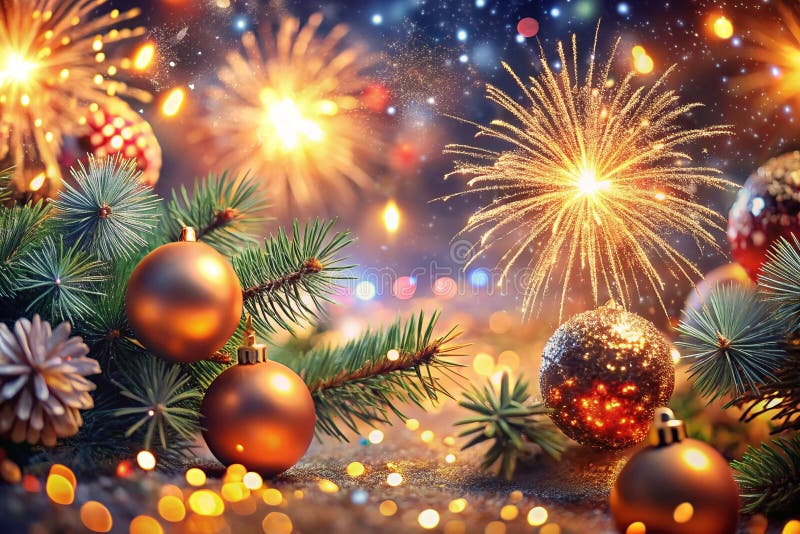 Festive Christmas Ornaments and Fireworks Stock Illustration ...