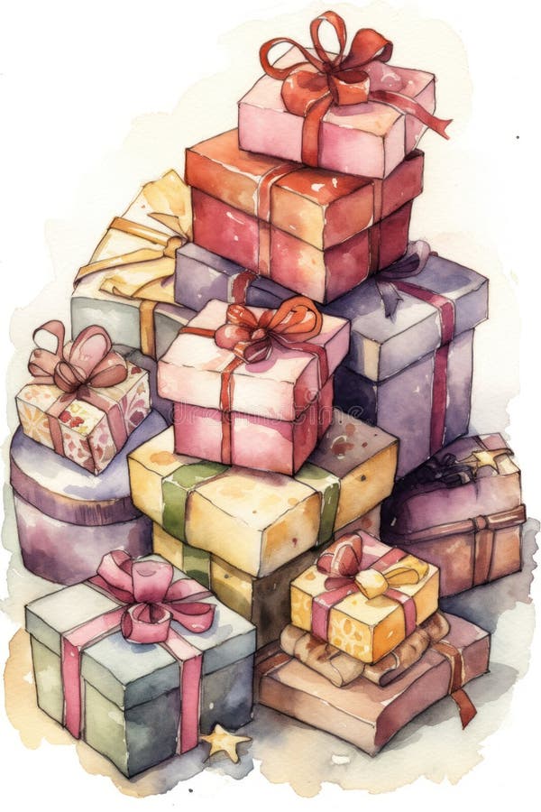 Festive Christmas Presents on a White Watercolor Background . Stock ...