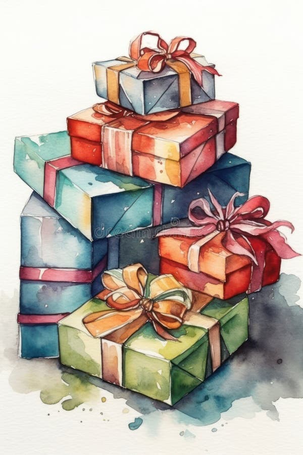 Festive Christmas Presents on a White Watercolor Background . Stock ...