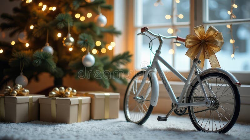 Festive Christmas Scene with Decorated Tree, Bicycle Gift, and Wrapped ...