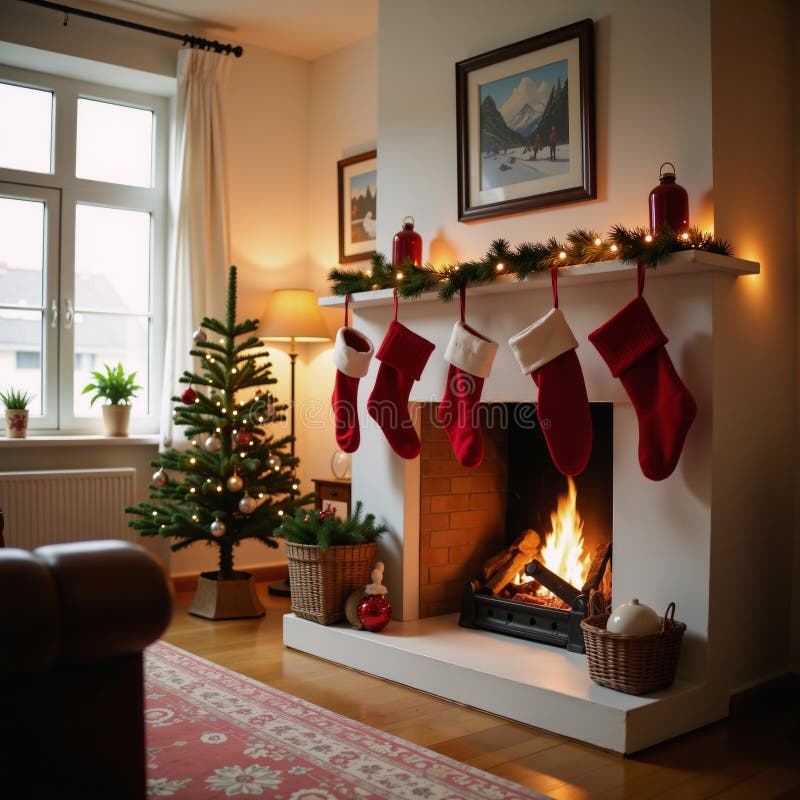A Festive Christmas Scene Featuring Socks Drying by the Crackling ...