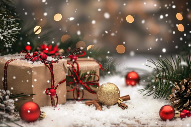 A Festive Christmas Scene with Presents and Decorations in the Snow ...