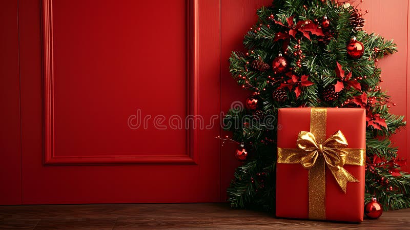 Festive Christmas Scene with Red Gift Box and Tree Stock Illustration ...