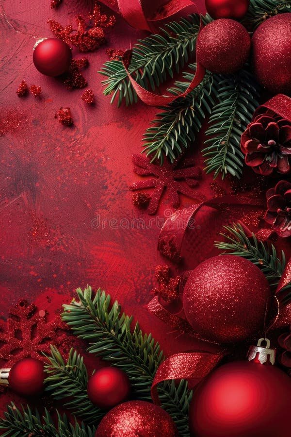 A Festive Christmas Scene with Red Ornaments and Greenery Stock Image ...