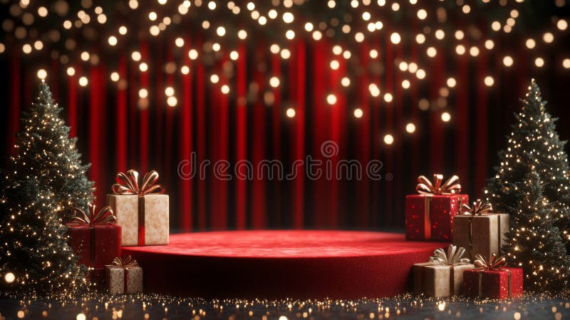 Festive Christmas Scene with Red Platform, Gifts, and Decorated Trees ...