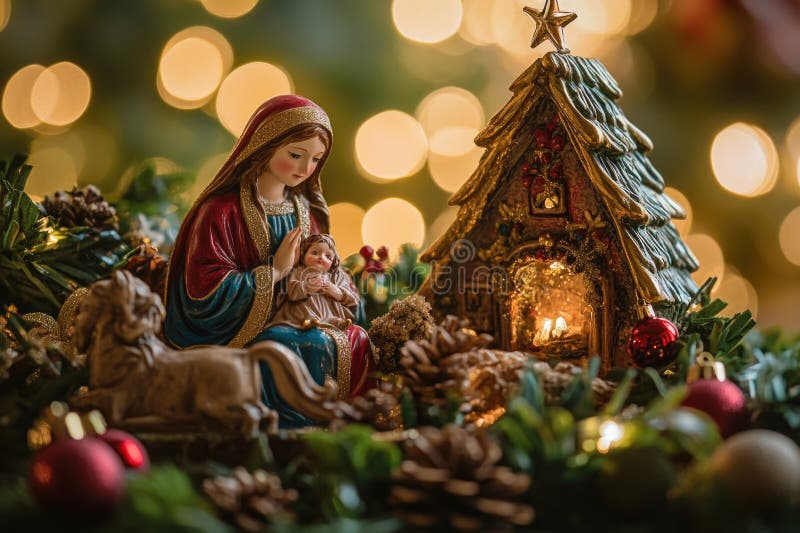 A Festive Christmas Setting Featuring a Nativity Scene Stock Photo ...