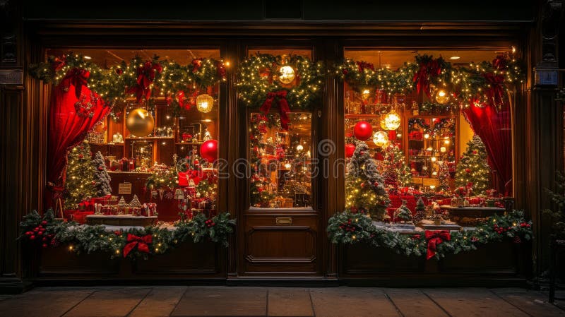 Festive Christmas Shop Window Display at Night Stock Illustration ...