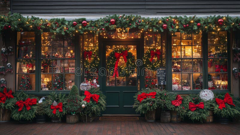 Festive Christmas Shop Window Display with Red Bows Stock Illustration ...