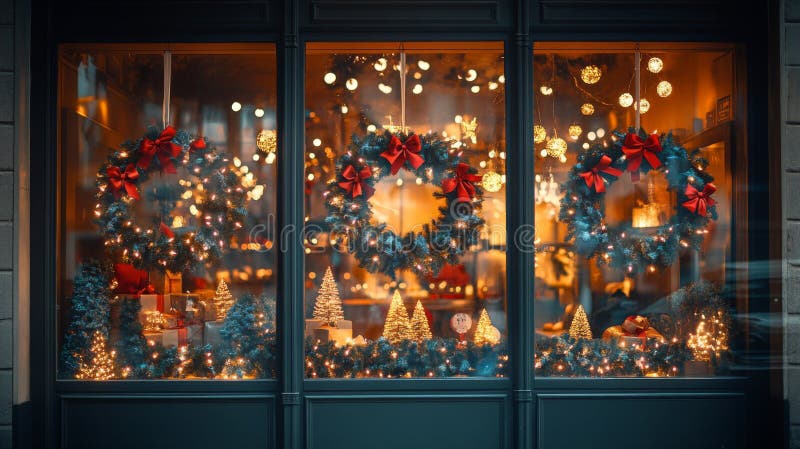 Festive Christmas Shop Window Display with Wreaths and Lights Stock ...