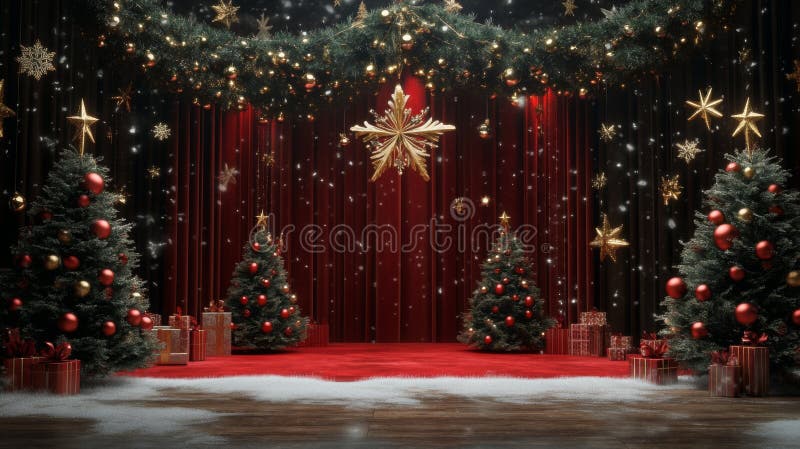 Festive Christmas Stage with Snowfall, Red Curtains, and Decorated ...