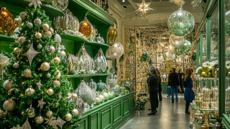 Festive Christmas Store with Sparkling Decorations and Shoppers Stock ...