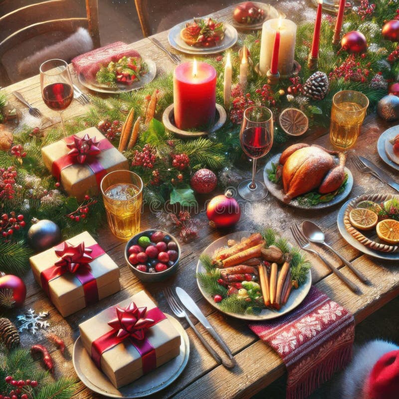 Festive Christmas Table with Served Dinner Lit Candles and Christmas ...