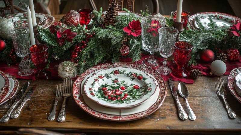 Festive Christmas Table Setting with Holly-Patterned Plates Stock ...