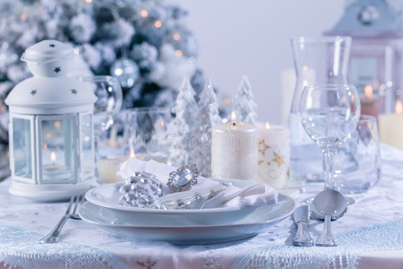 Festive Christmas Table in Snowy White Stock Photo - Image of light ...
