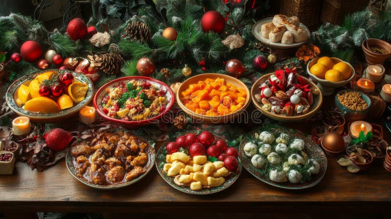 Festive Christmas Table Spread with Various Dishes and Decorations ...