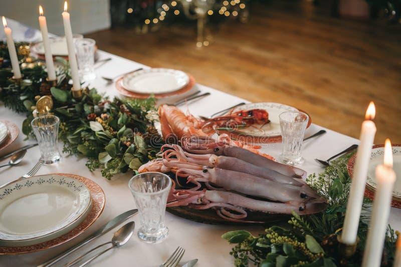 Festive Christmas Table. Squid and Seafood on the Table. Created by Ai ...