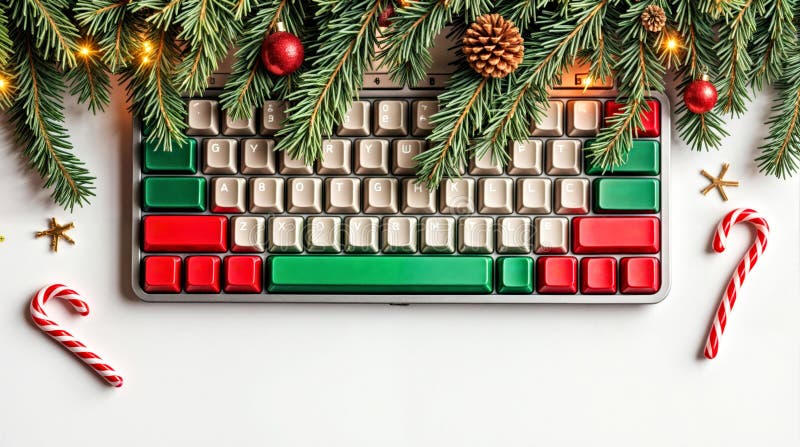 Festive Christmas-themed Keyboard with Holiday Decorations on White ...