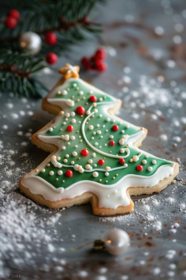 Festive Christmas Tree Cookie on a Table, Perfect for Holiday Themes ...