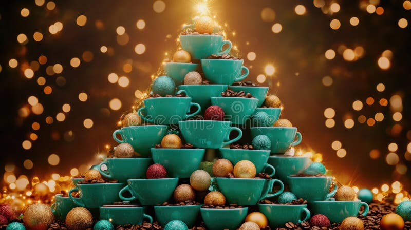 Festive Christmas Tree Crafted from Stacked Coffee Cups with Colorful ...