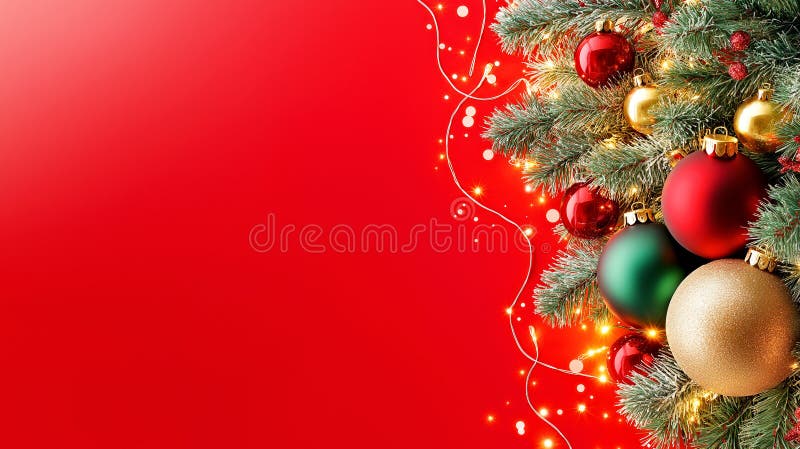 Festive Christmas Tree with Decorations on Red Background. Christmas ...